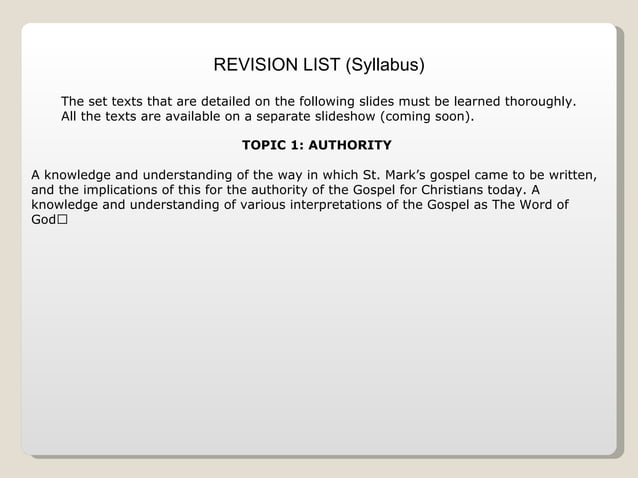 RE Syllabus And Revision List 2009 | PPT