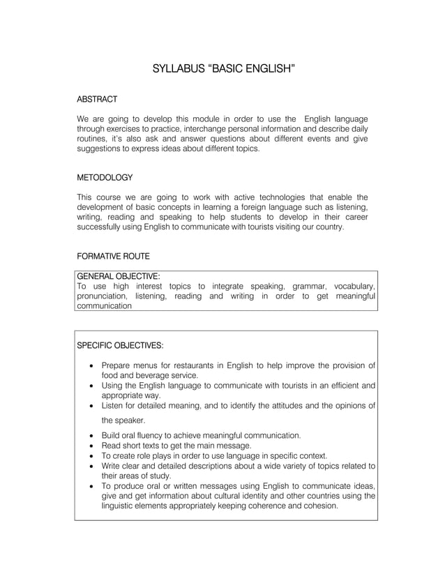 Syllabus basic ebglish | PDF