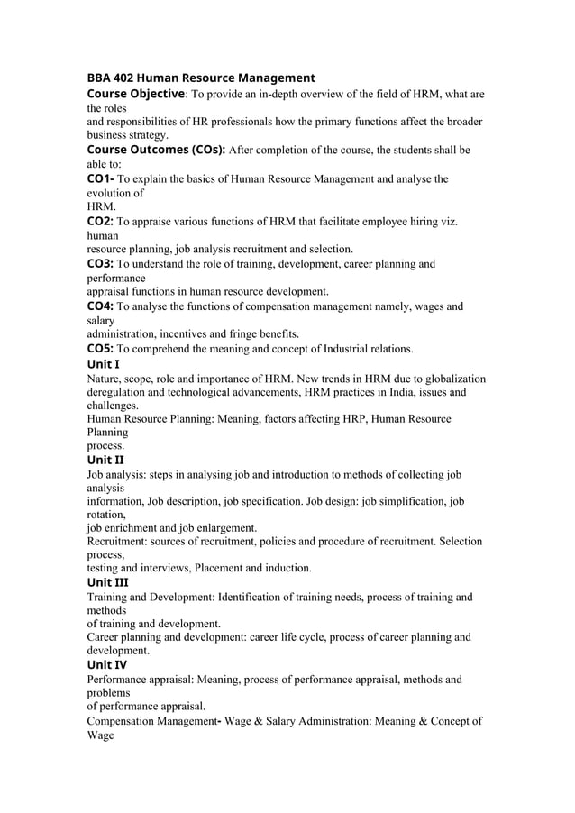 Syllabus , BBA 402 - 18 Human Resource Management.docx