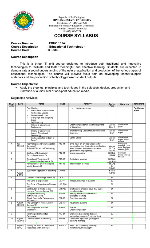 Syllabus (edtech 105 a realingment of reports) | DOC