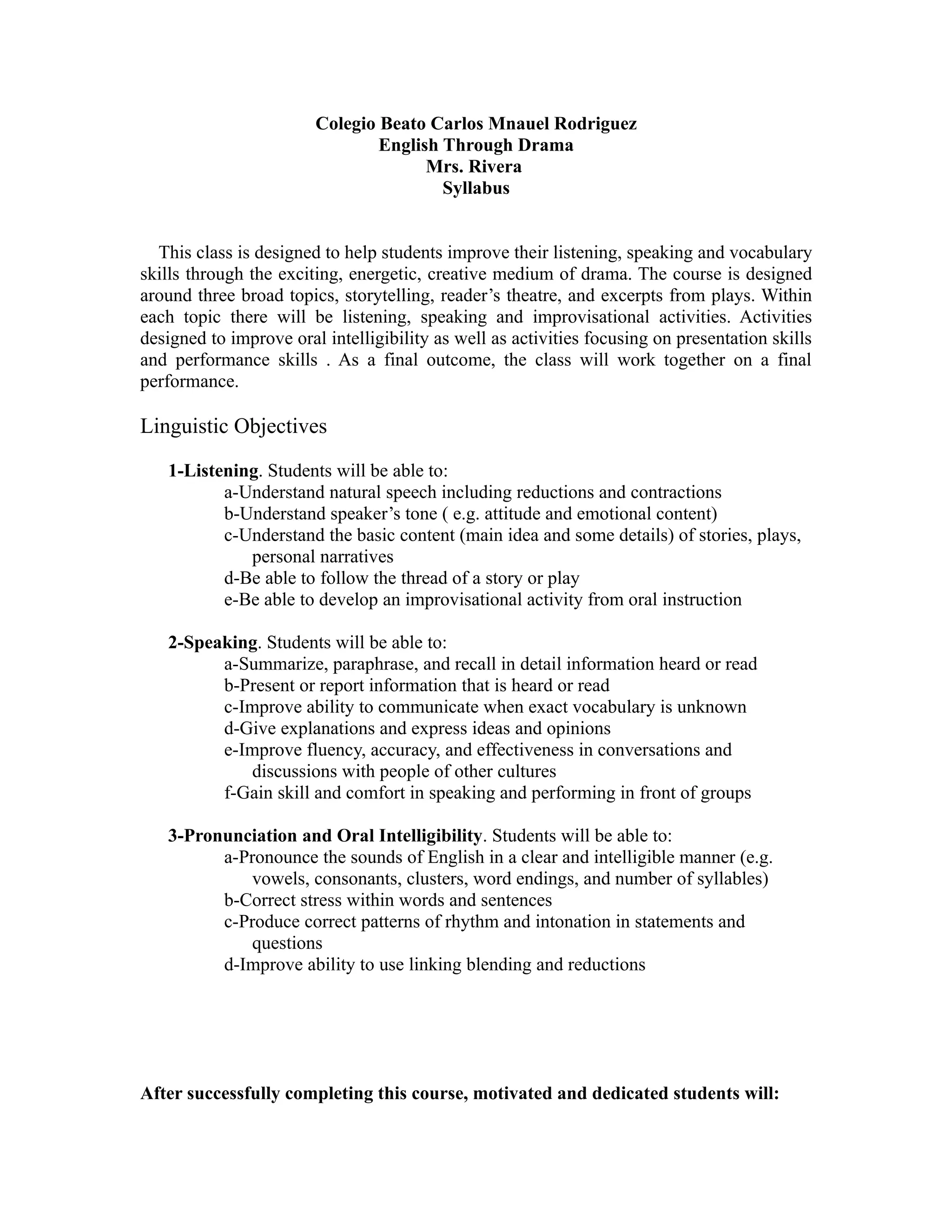 Syllabus English Drama Mrs. Rivera | DOC
