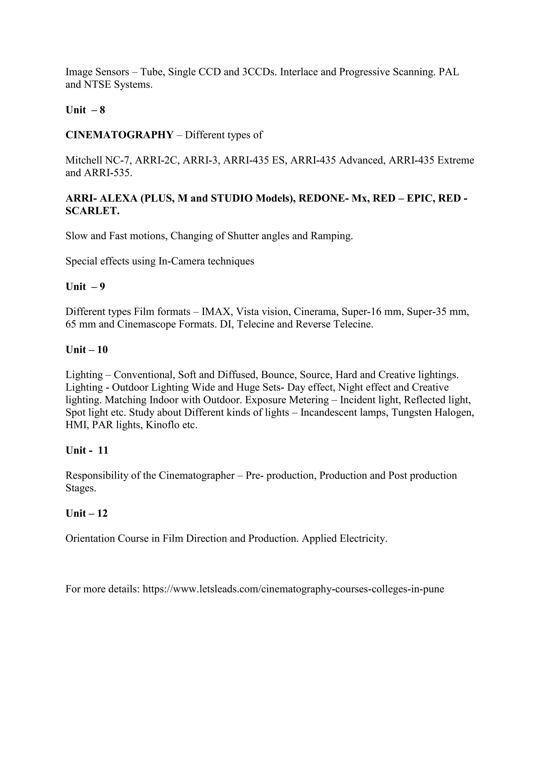 Cinematography Courses in Pune | PDF