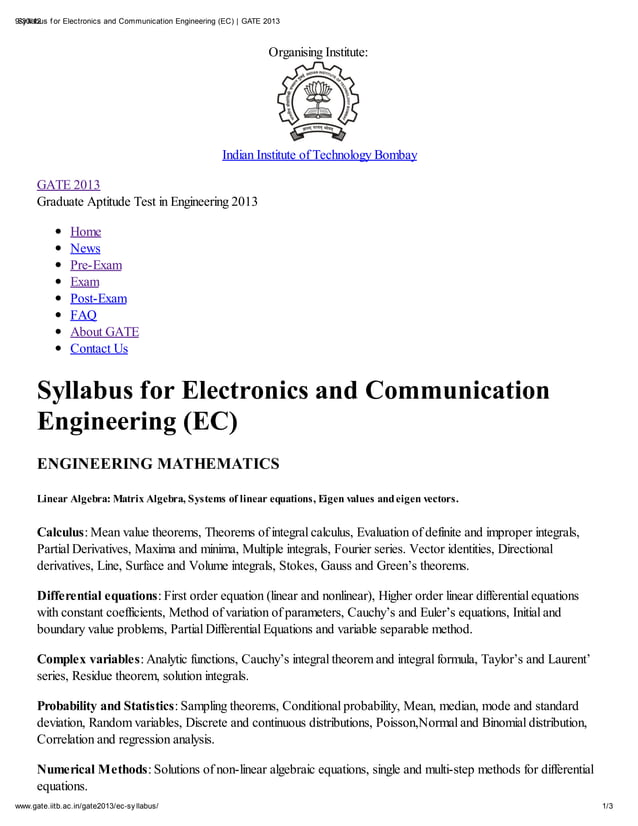 Syllabus for electronics and communication engineering (ec) gate 2013 | PDF