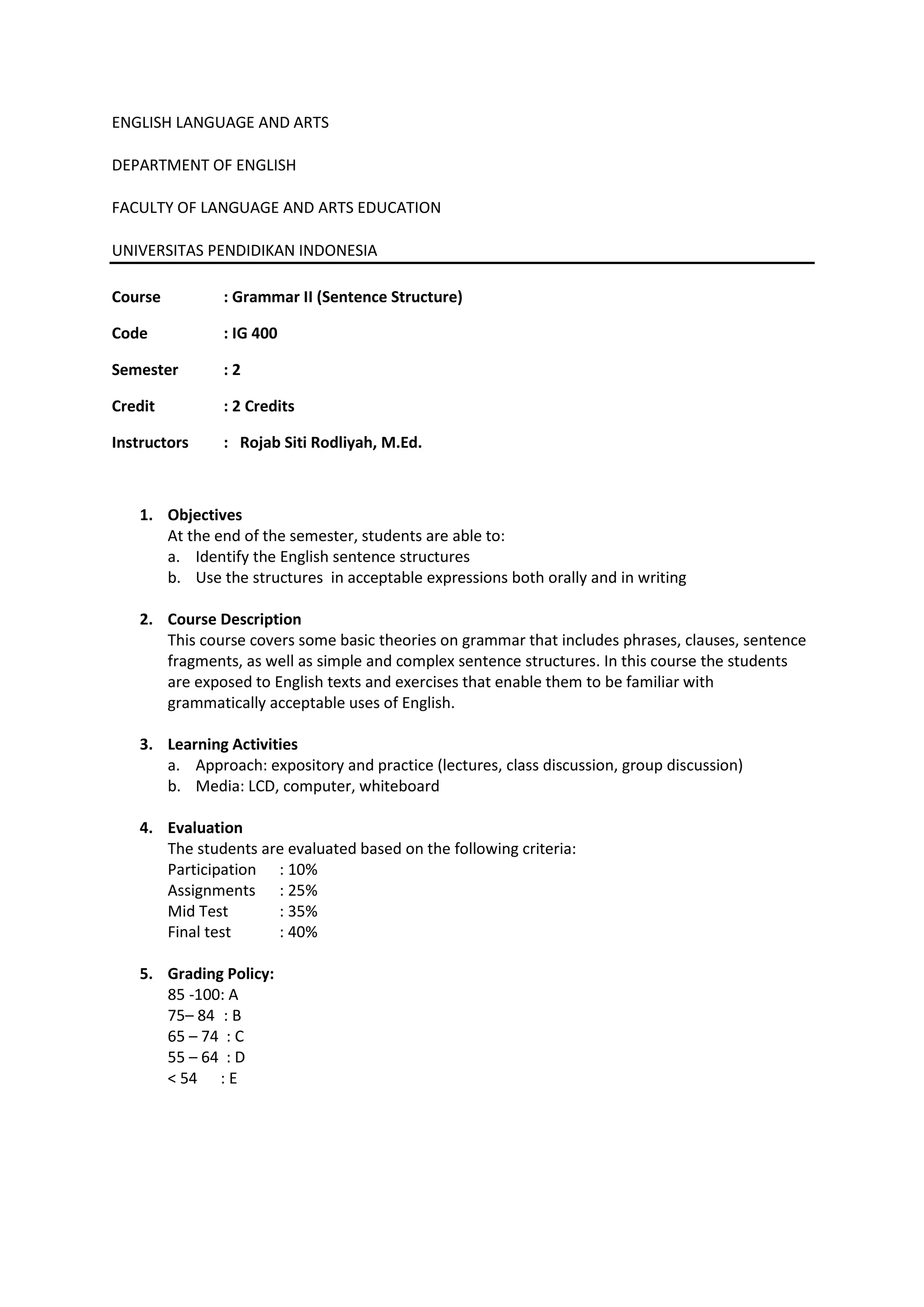 Syllabus grammar 2 | DOCX