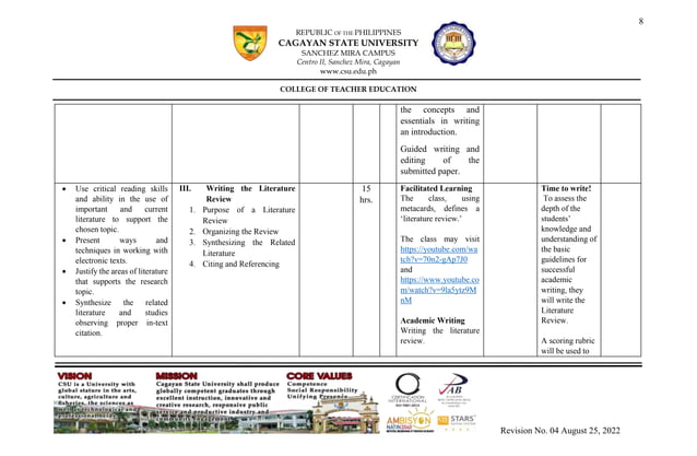 SYLLABUS IN EED RES 1 beed.docx | Undergraduate Education | College ...