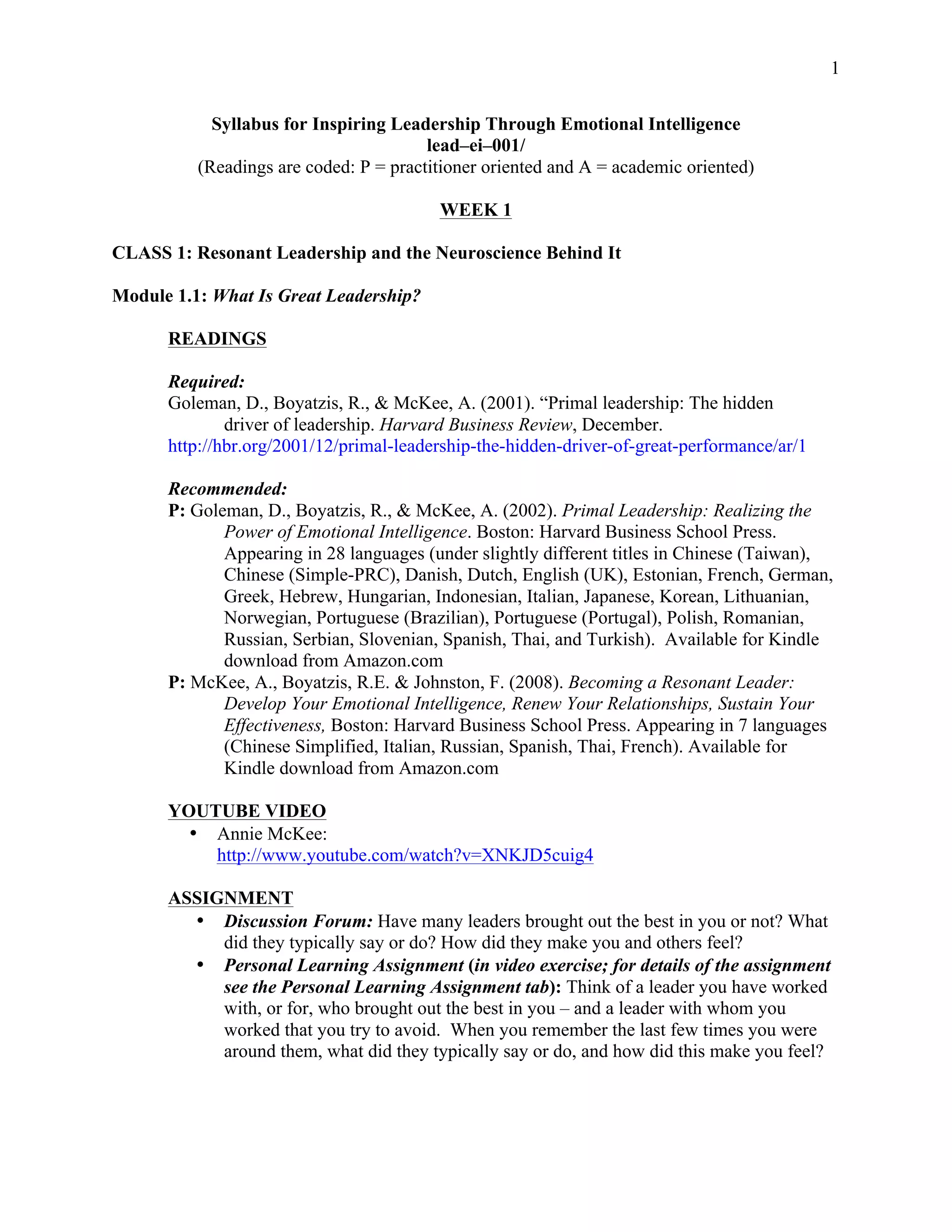 Syllabus inspiring leadership through emotional intelligence | PDF