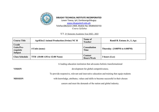 Syllabus in Swine National Certificate (NCII) New Format.docx ...