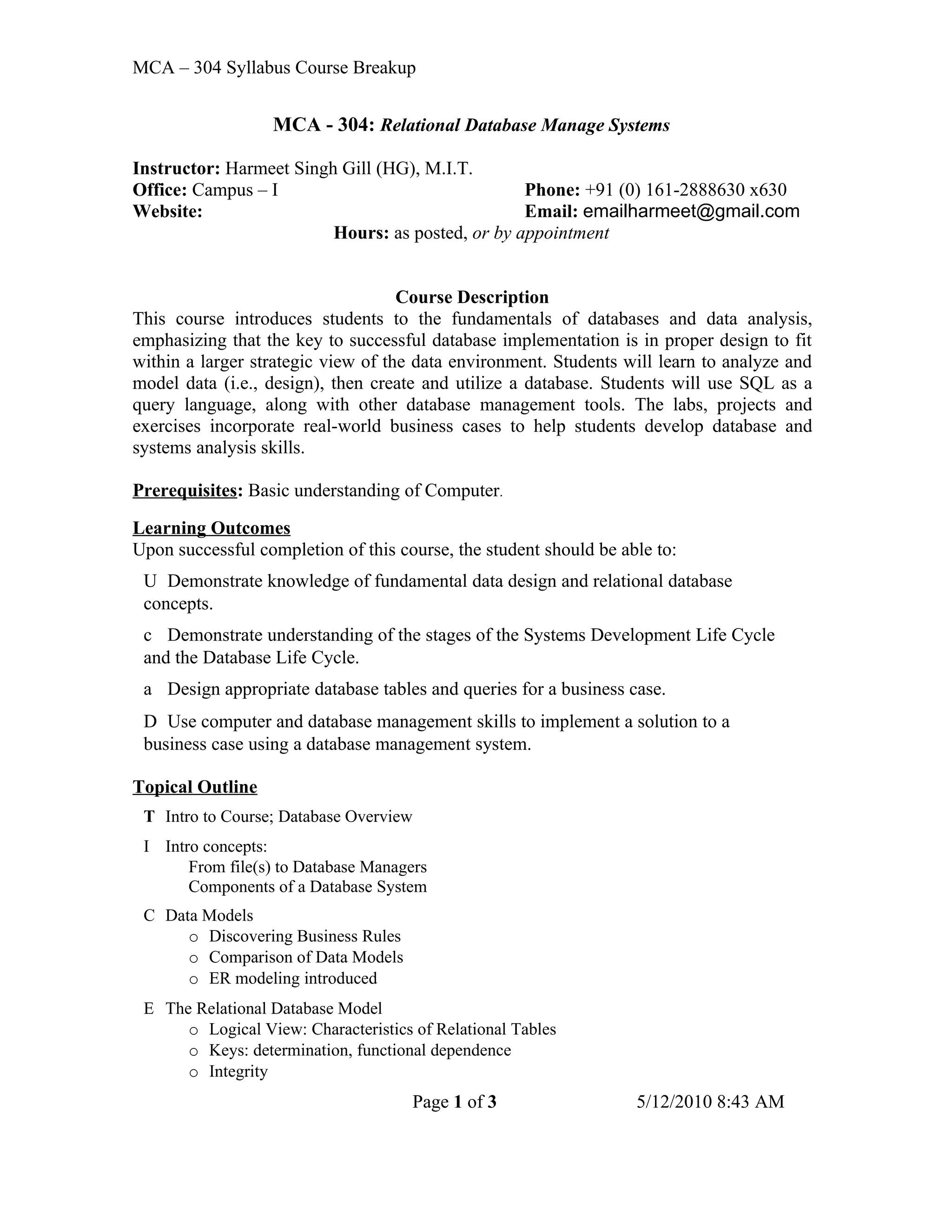 Syllabus Mca 2 Rdbms I Pdf