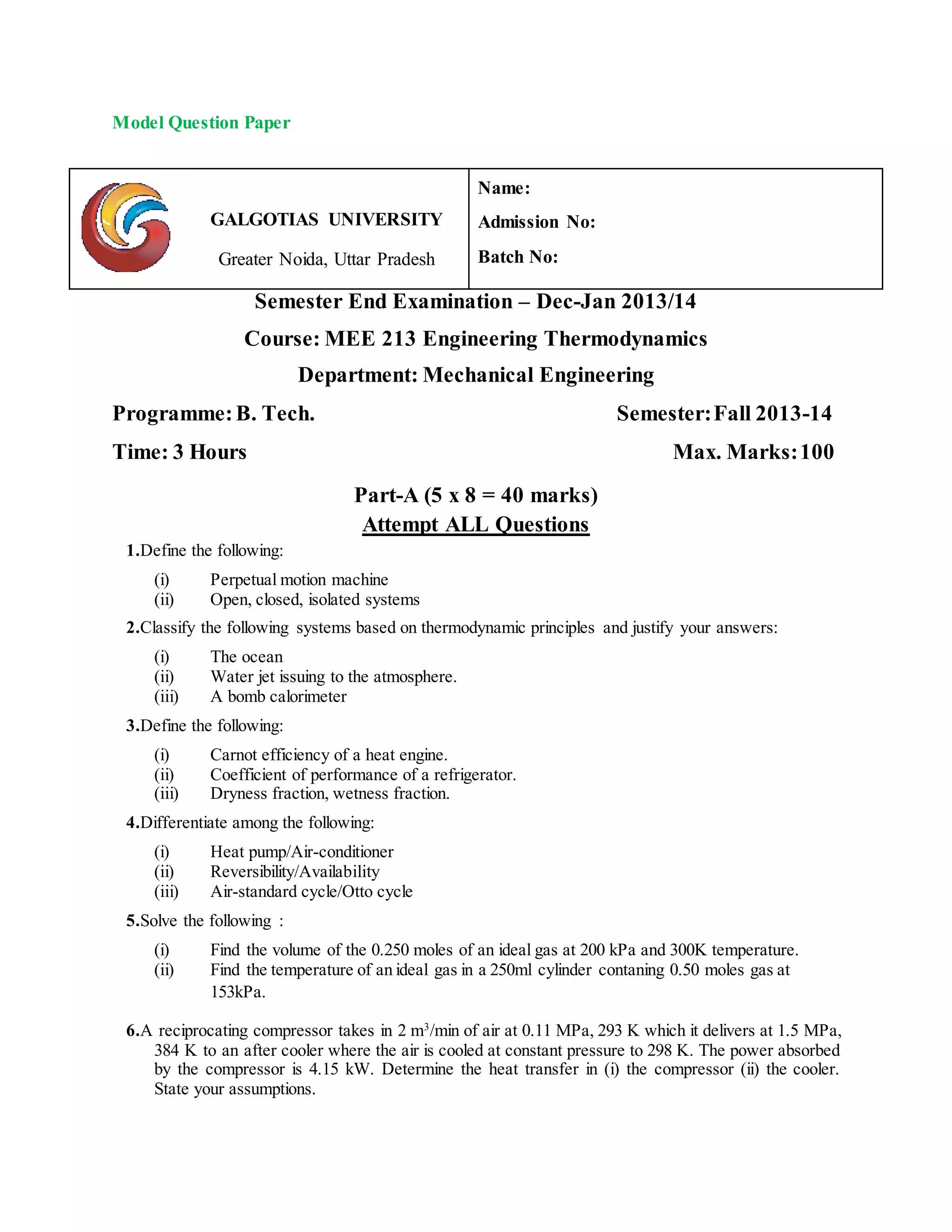 Syllabus of engineering thermodynamics | DOCX