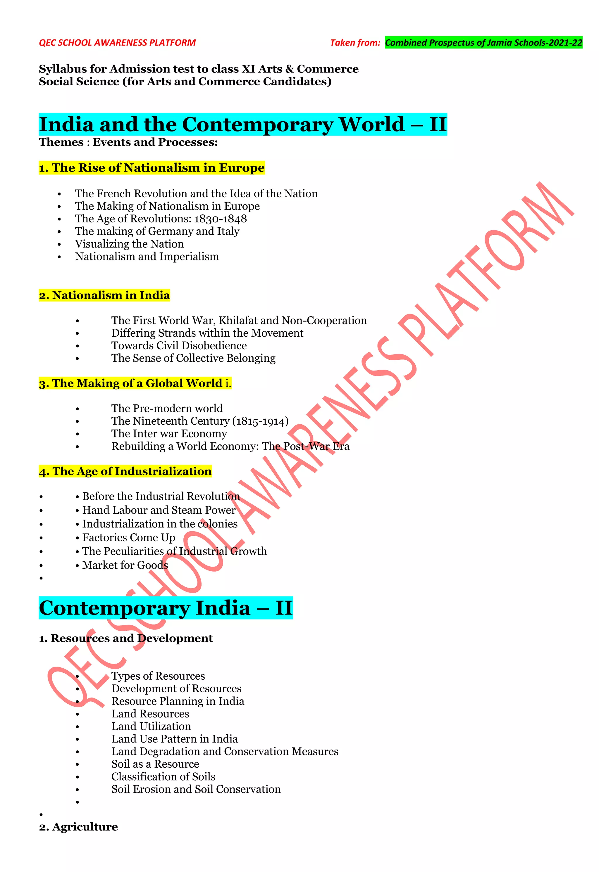 Syllabus of jamia millia islamia; class 11 arts 2021-22 | PDF