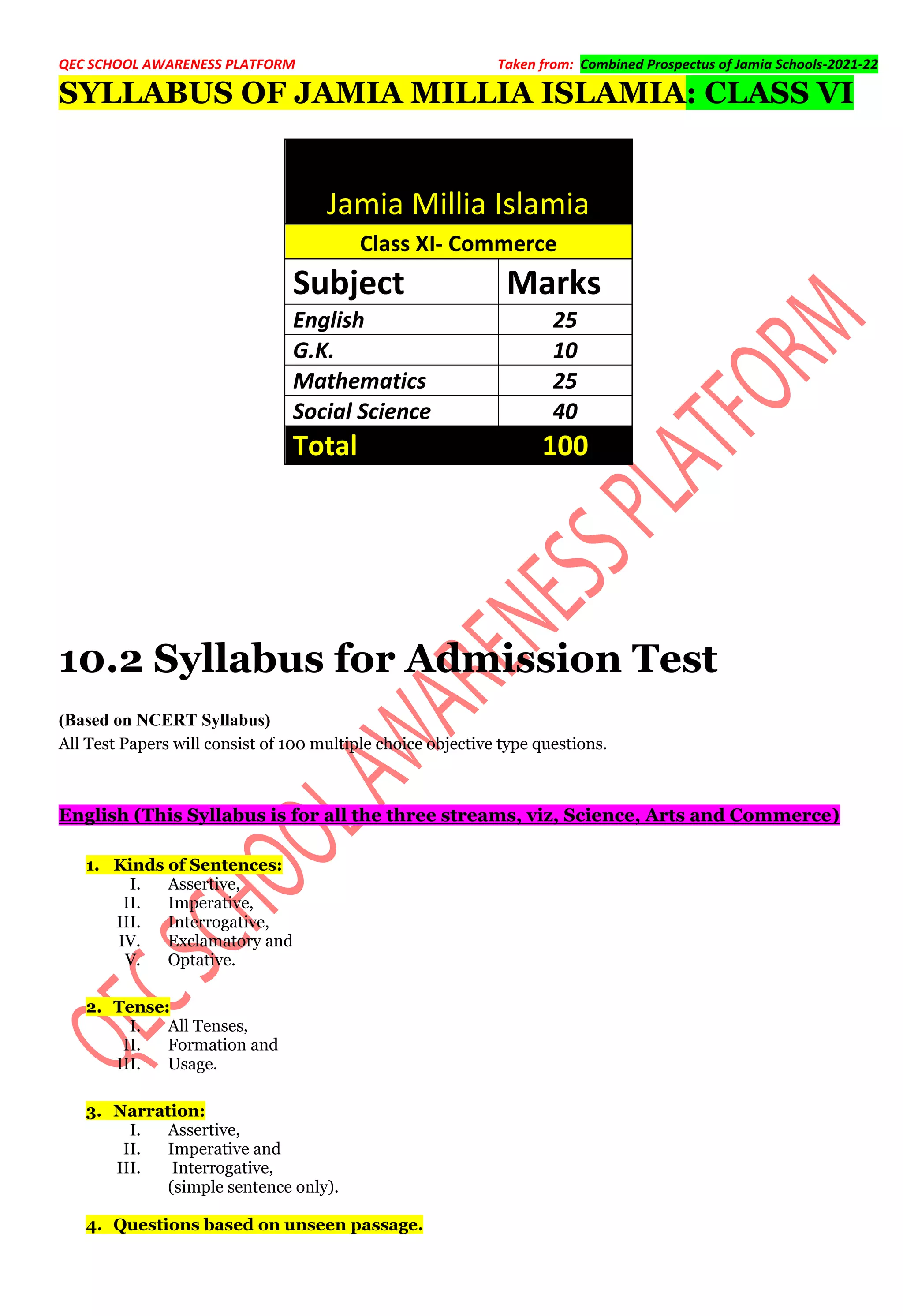Syllabus of jamia millia islamia; class 11 commerce 2021-22 | PDF