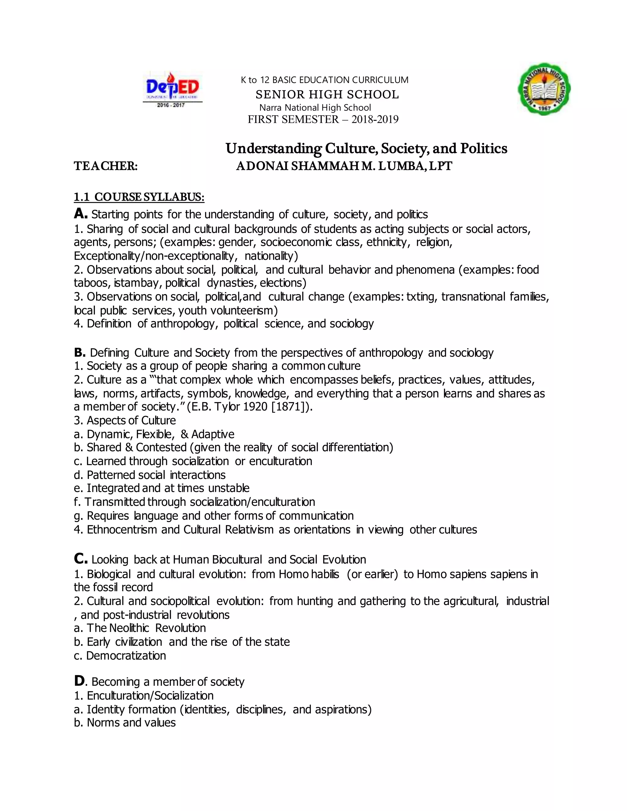 Syllabus ucspUnderstanding Culture, Society, and Politics narra NHS SHS ...