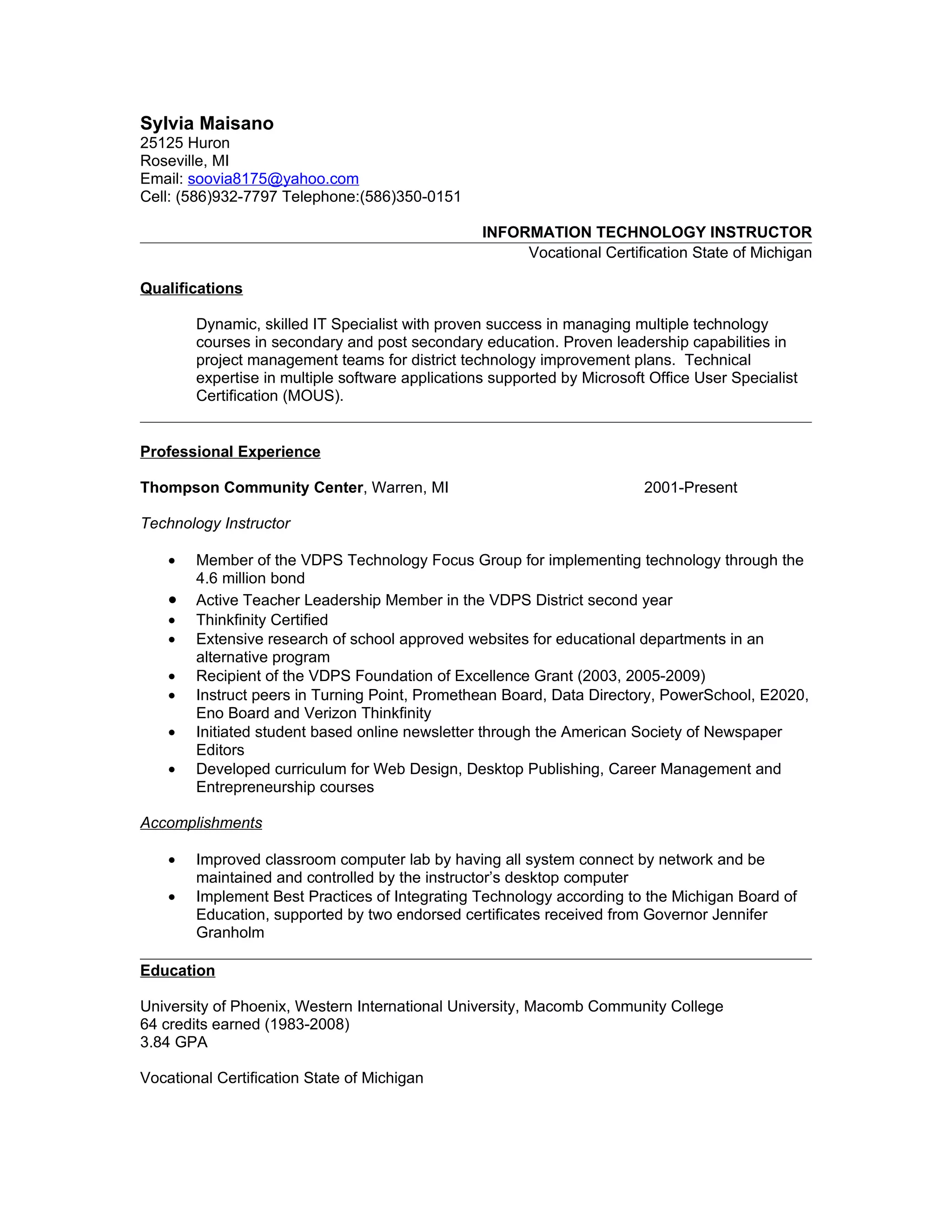 Sylvia Maisano Resume 2010 | DOC