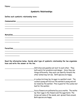 Symbiosis Examples Worksheet