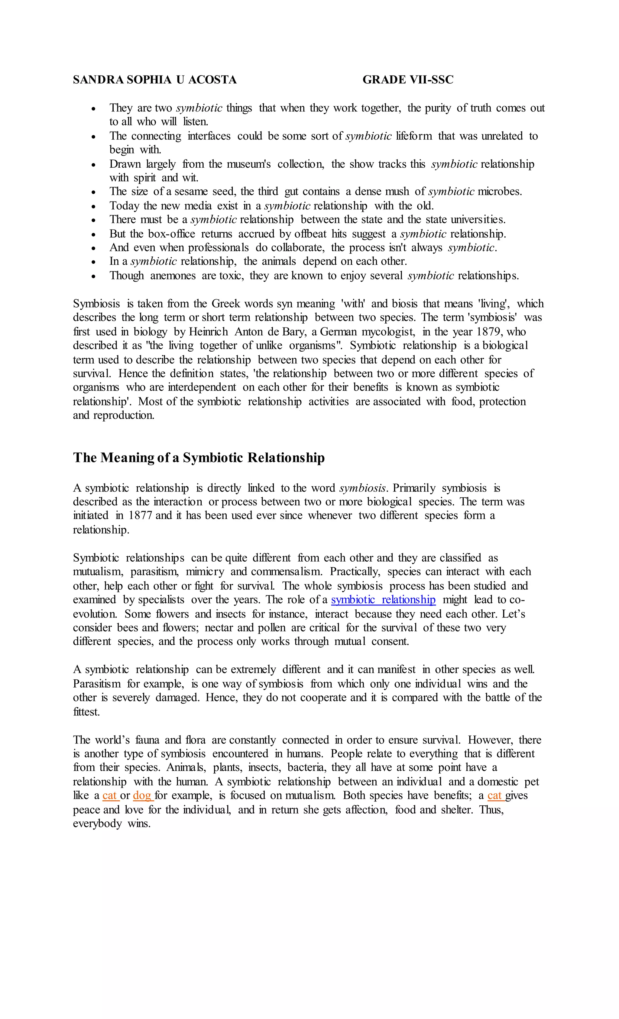 Symbiotic relationships | DOCX | Biological Sciences | Science