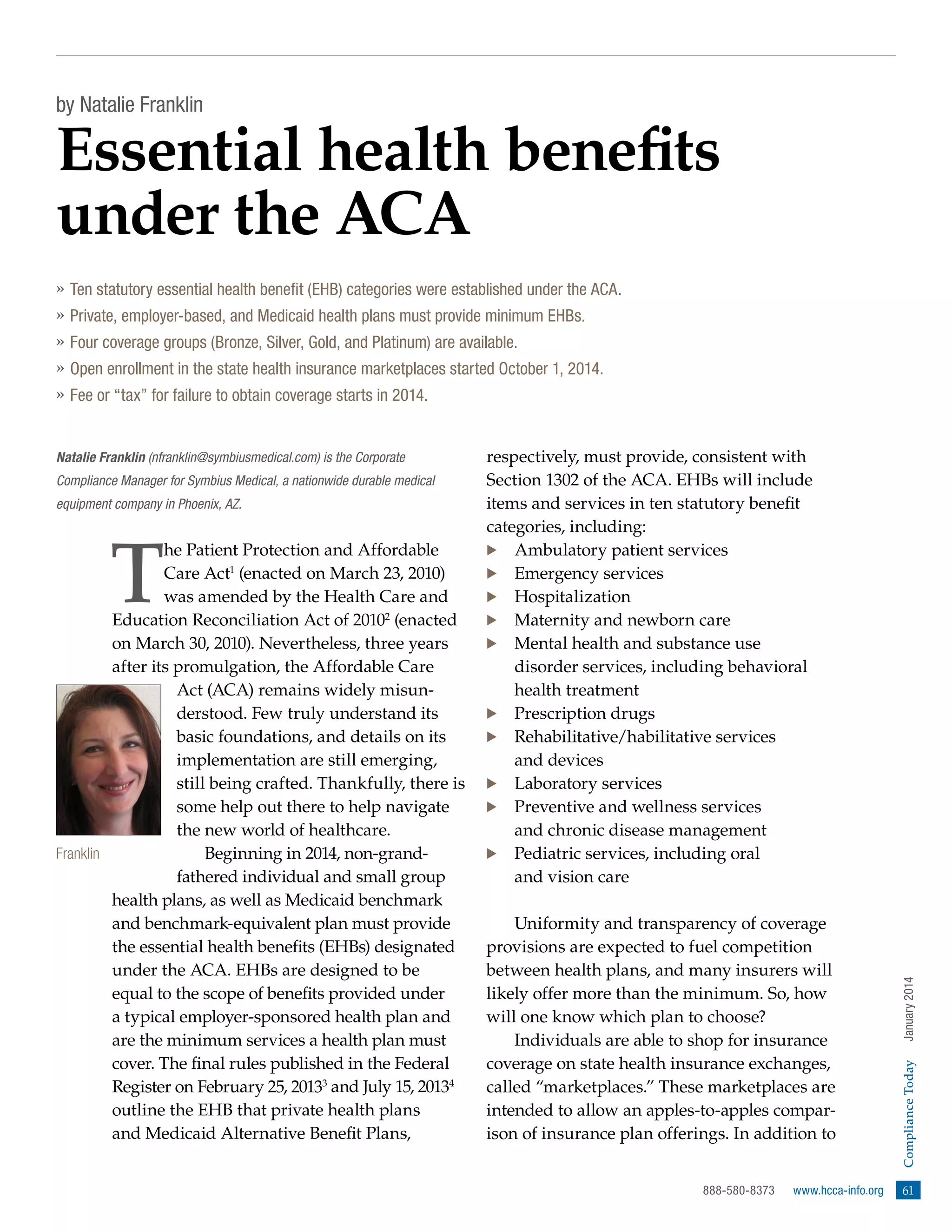 Essential Health Benefits Under the ACA | PDF