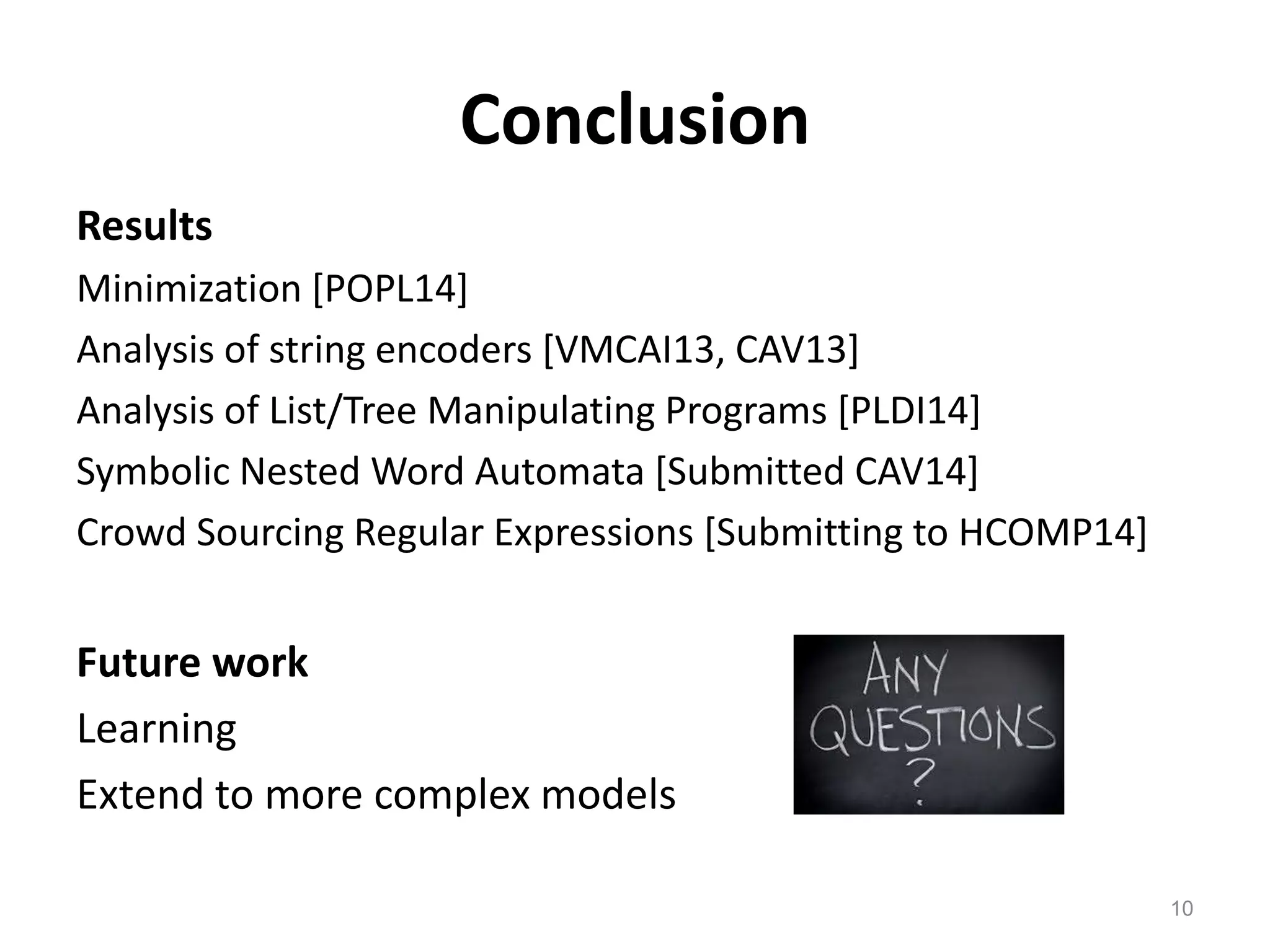 Symbolic Automata = Automata + SMT solvers at ExCape14 | PPTX | Programming Languages | Computing