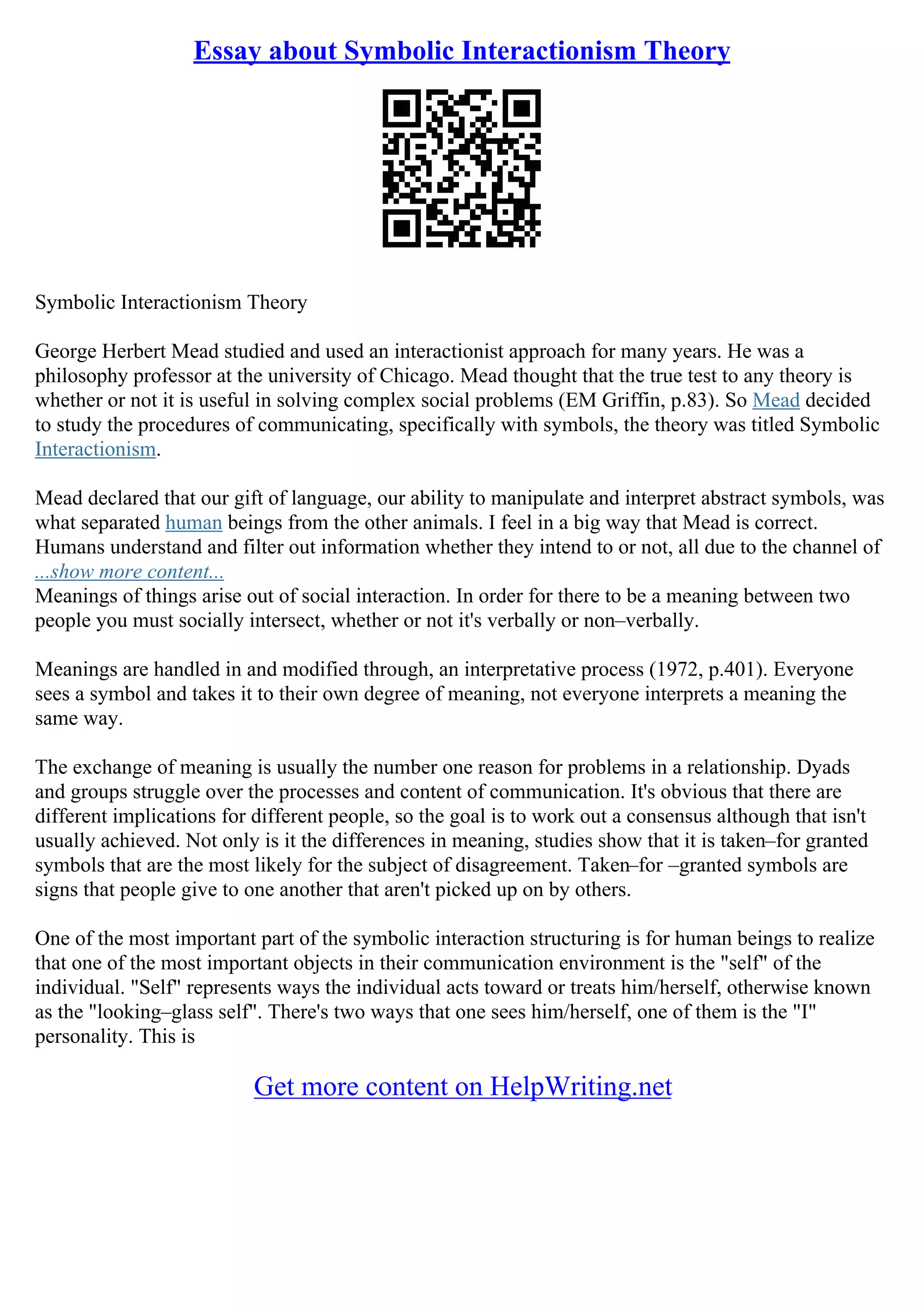 Symbolic Interactionism Essay | PDF