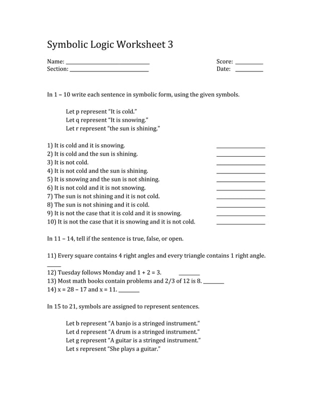 Symbolic logic worksheet 3 | PDF