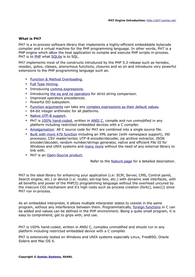 Introduction To Embedding The PH7 PHP Engine in a C/C++ Host Application. | PDF