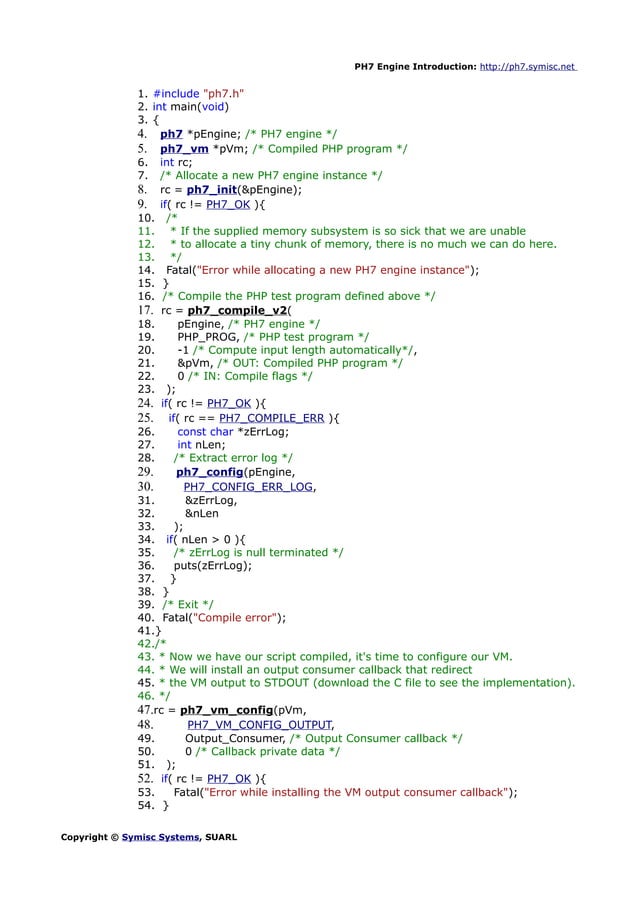 Introduction To Embedding The PH7 PHP Engine in a C/C++ Host Application. | PDF