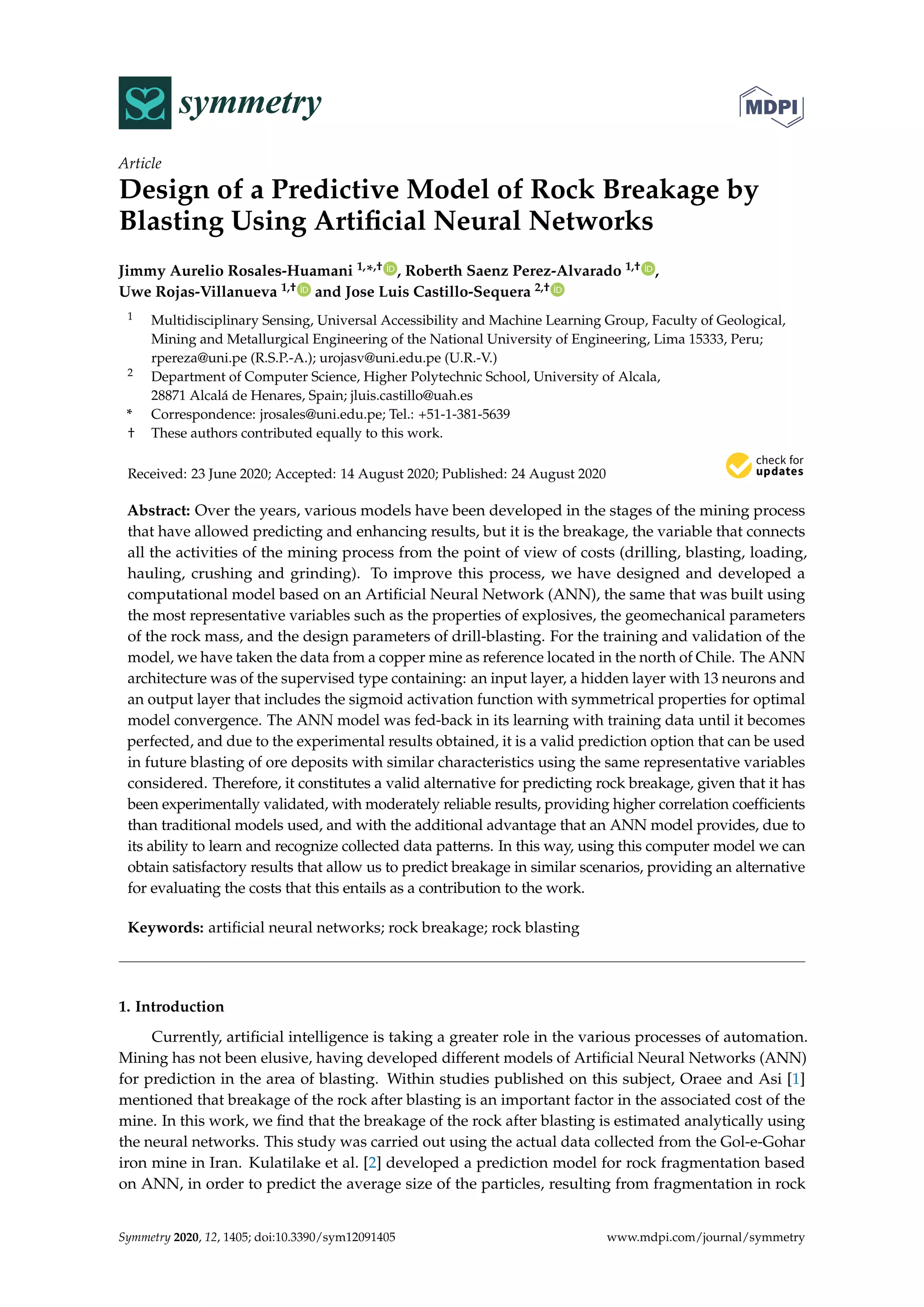 Design of a Predictive Model of Rock Breakage by Blasting Using Artificial Neural Networks | PDF ...