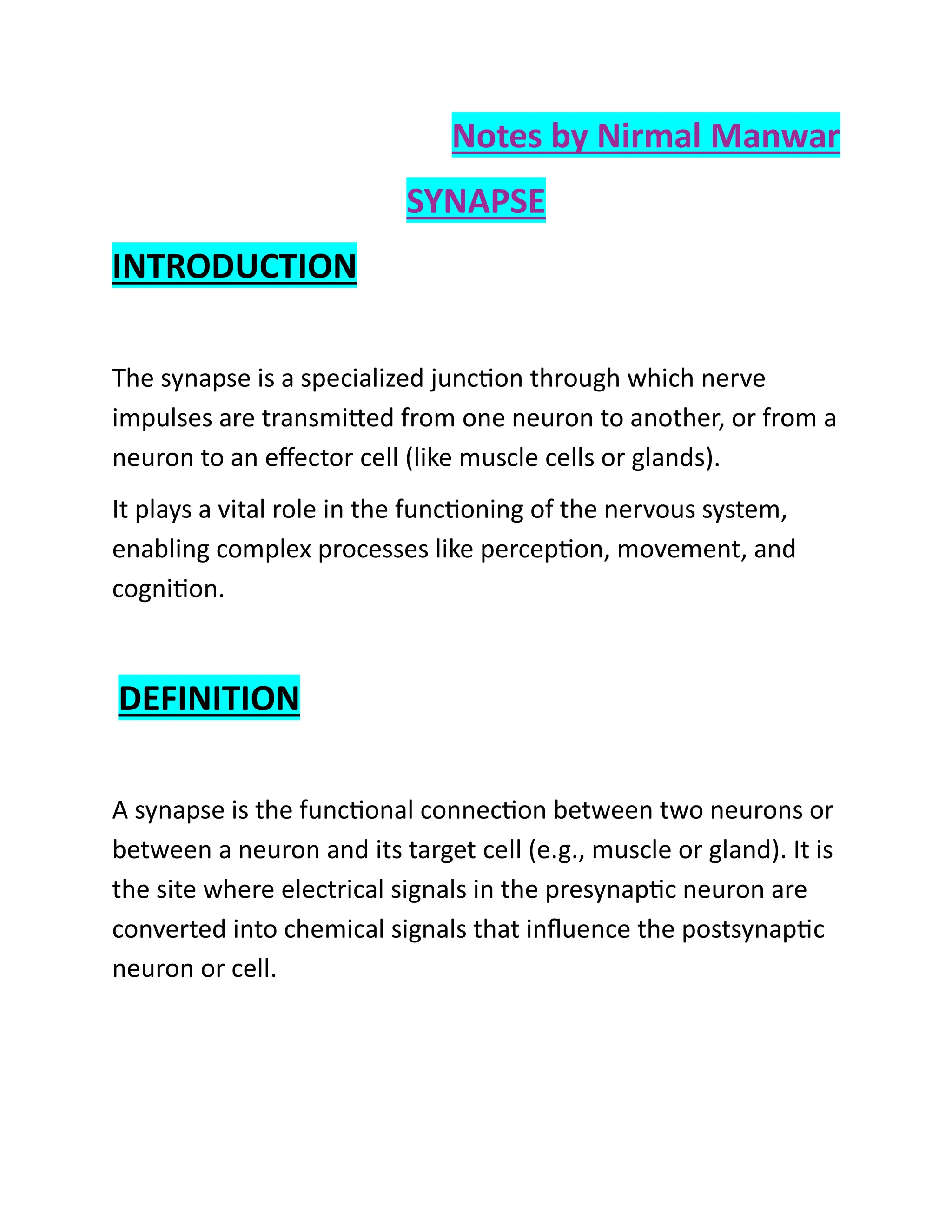 INTRODUCTION OF SYNAPSE ANATOMICAL TYPES OF SYNAPSE | PDF