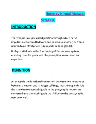 INTRODUCTION OF SYNAPSE ANATOMICAL TYPES OF SYNAPSE | PDF