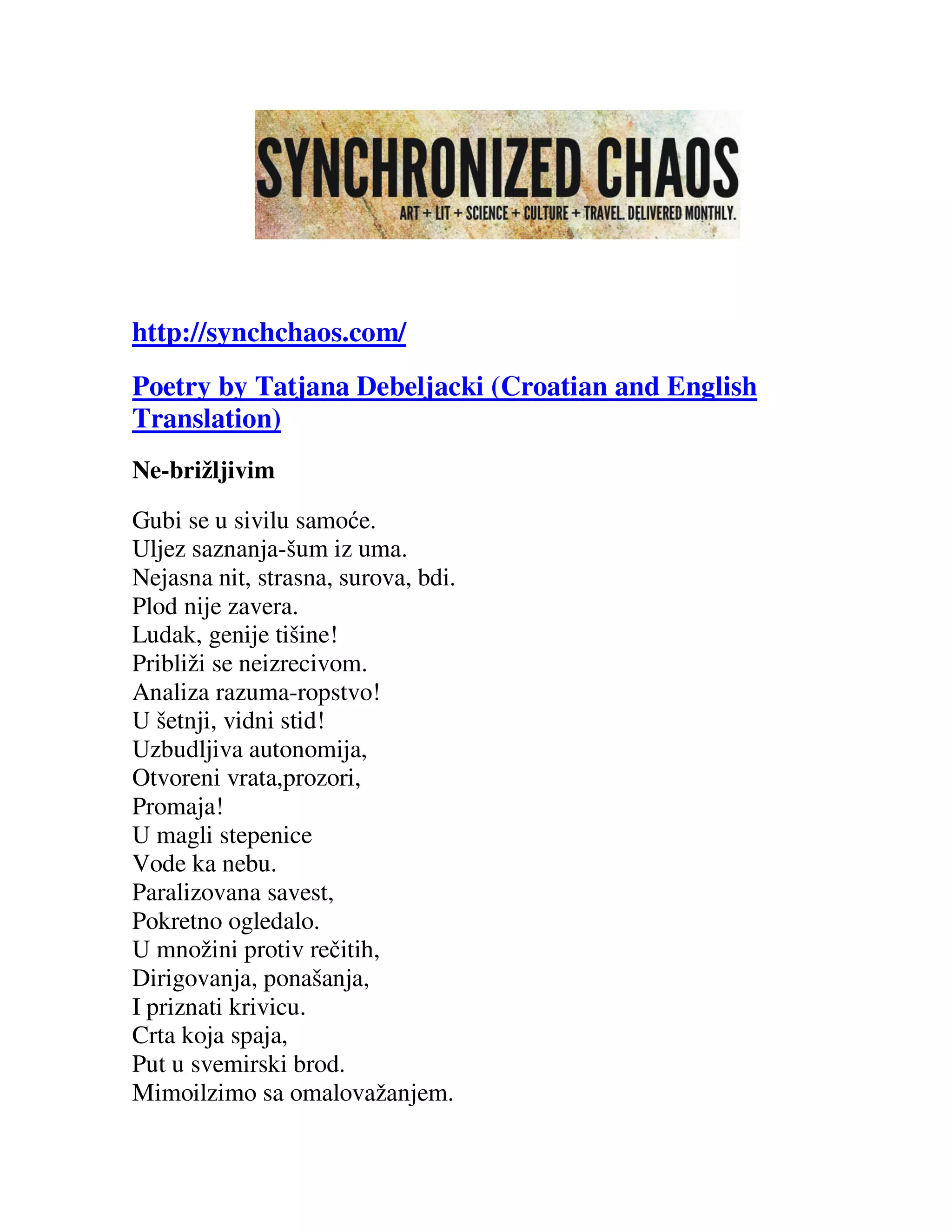 Synchronized chaos » poetry by tatjana debeljacki croatian and english ...