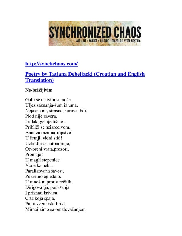 Synchronized chaos » poetry by tatjana debeljacki croatian and english translation | PDF