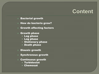 Bacterial growth : Diauxic growth,Synchronous growth and continuous ...