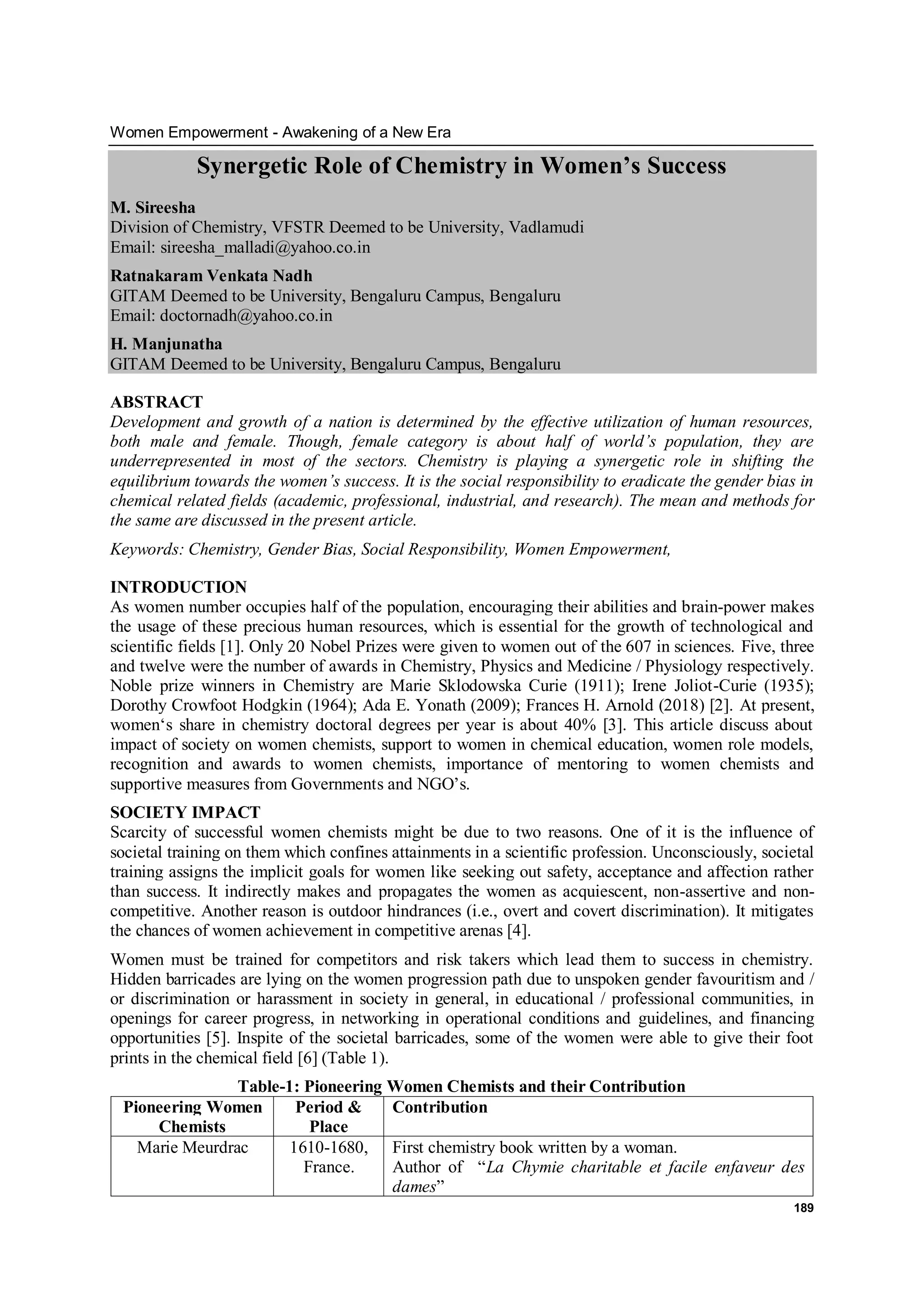 Synergetic role of chemistry in women's success | PDF