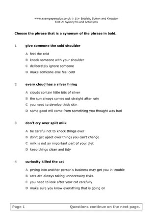 Synonyms and Antonyms for Primary Children | PDF