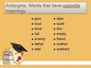 Synonyms, antonyms, homophones, homographs powerpoint | PPTX