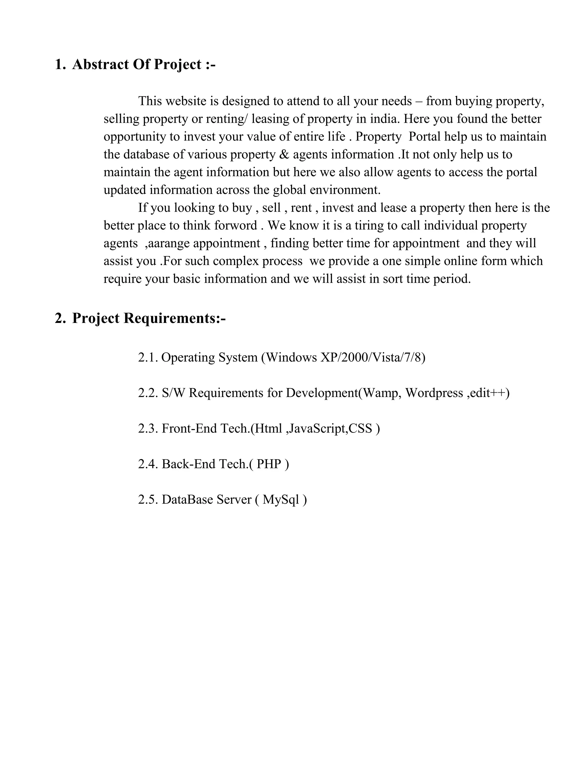 Synopsis for property portal projects for final year students | DOCX
