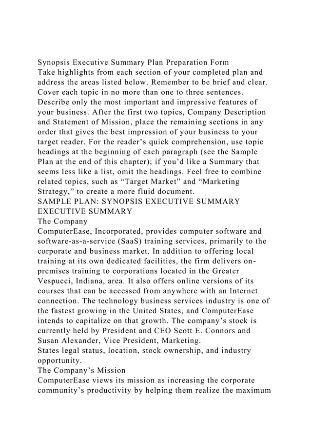 Synopsis Executive Summary Plan Preparation FormTake highlights .docx