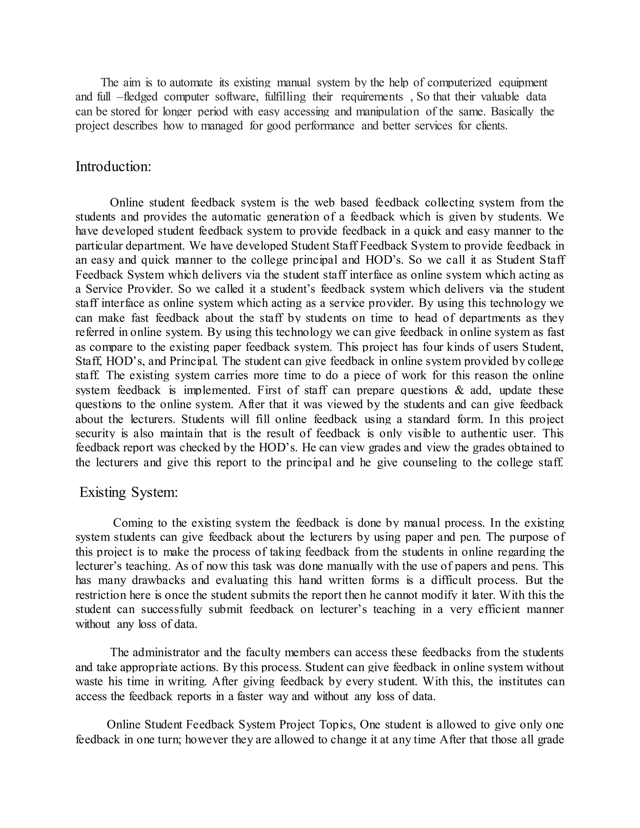 Synopsis of online student feedback system(cse) | DOCX