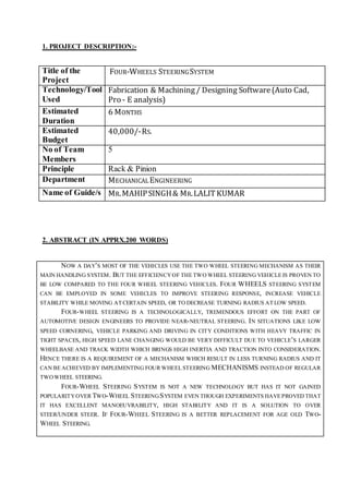 Synopsis of project FOUR WHEELS STEERING SYSTEM | DOCX