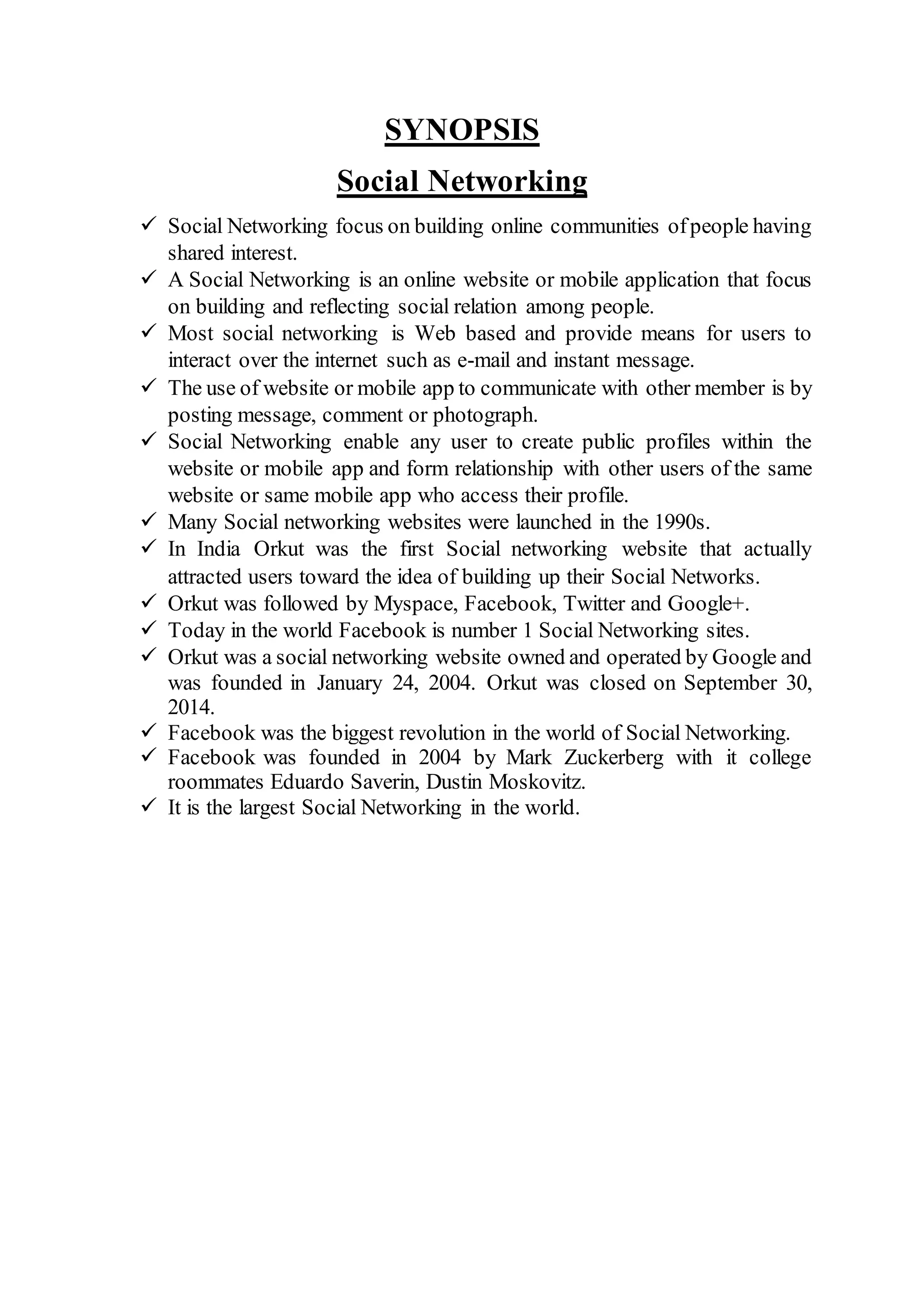 Synopsis on social networking | DOCX