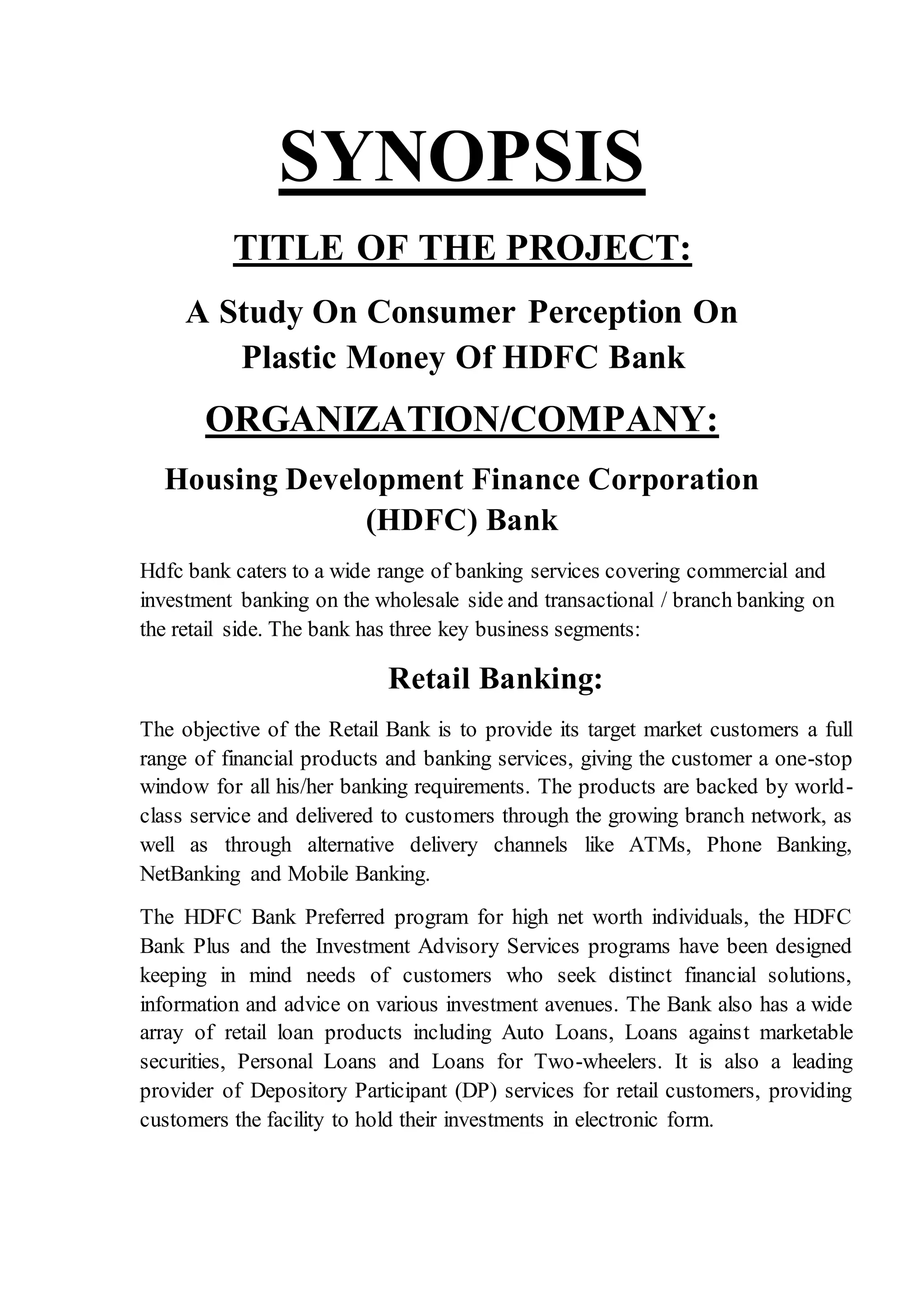 A Study On Consumer Perception On Plastic Money Of HDFC Bank(Synopsis ...