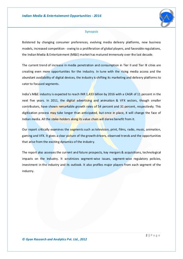 Synopsis & toc indian media & entertainment opportunities - 2016