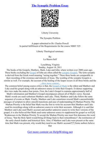 Synoptic Essay | PDF | Christianity | Religion & Spirituality