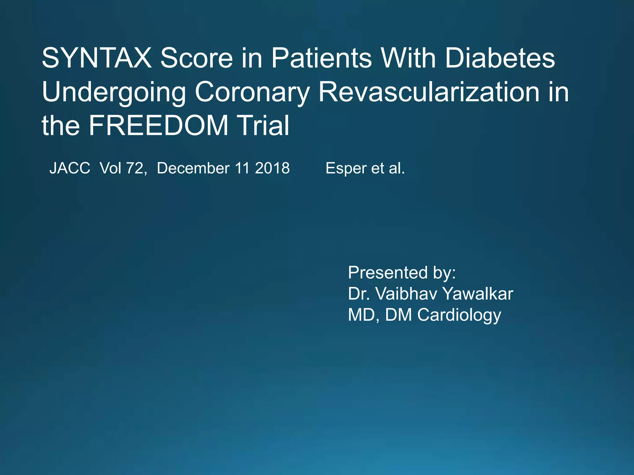 SYNTAX Score in Patients With Diabetes Undergoing Coronary ...