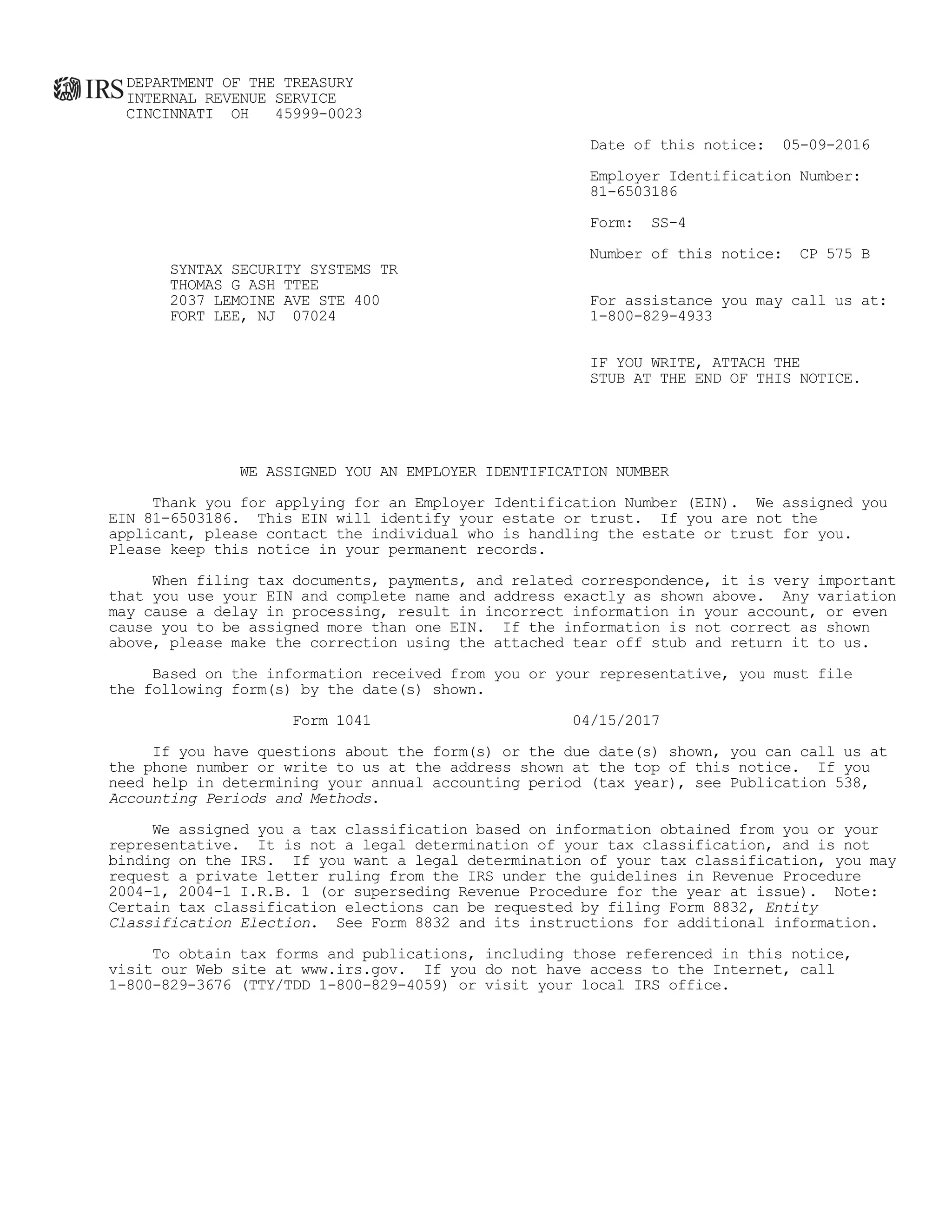 Syntax security systems trust irs confirmation | PDF