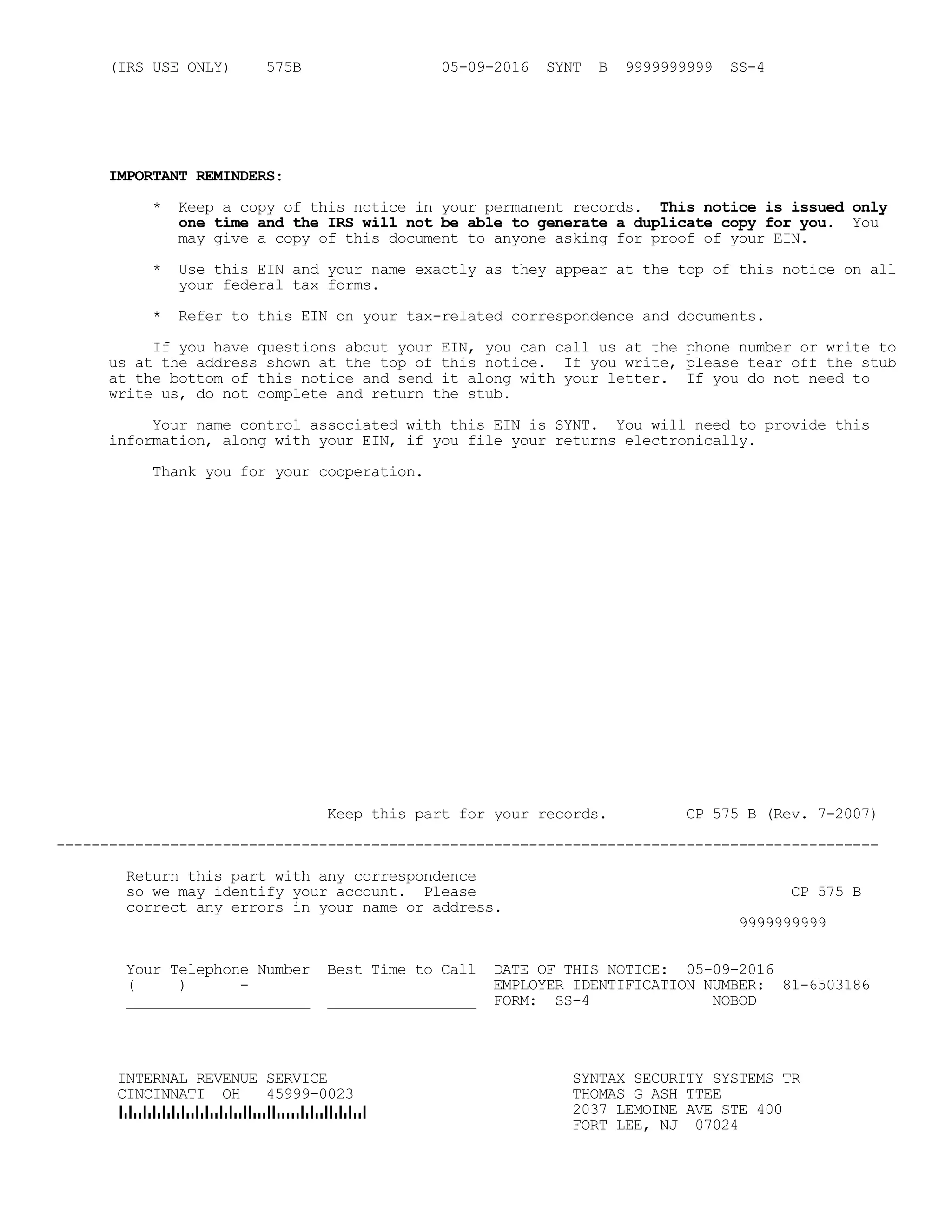Syntax security systems trust irs confirmation | PDF