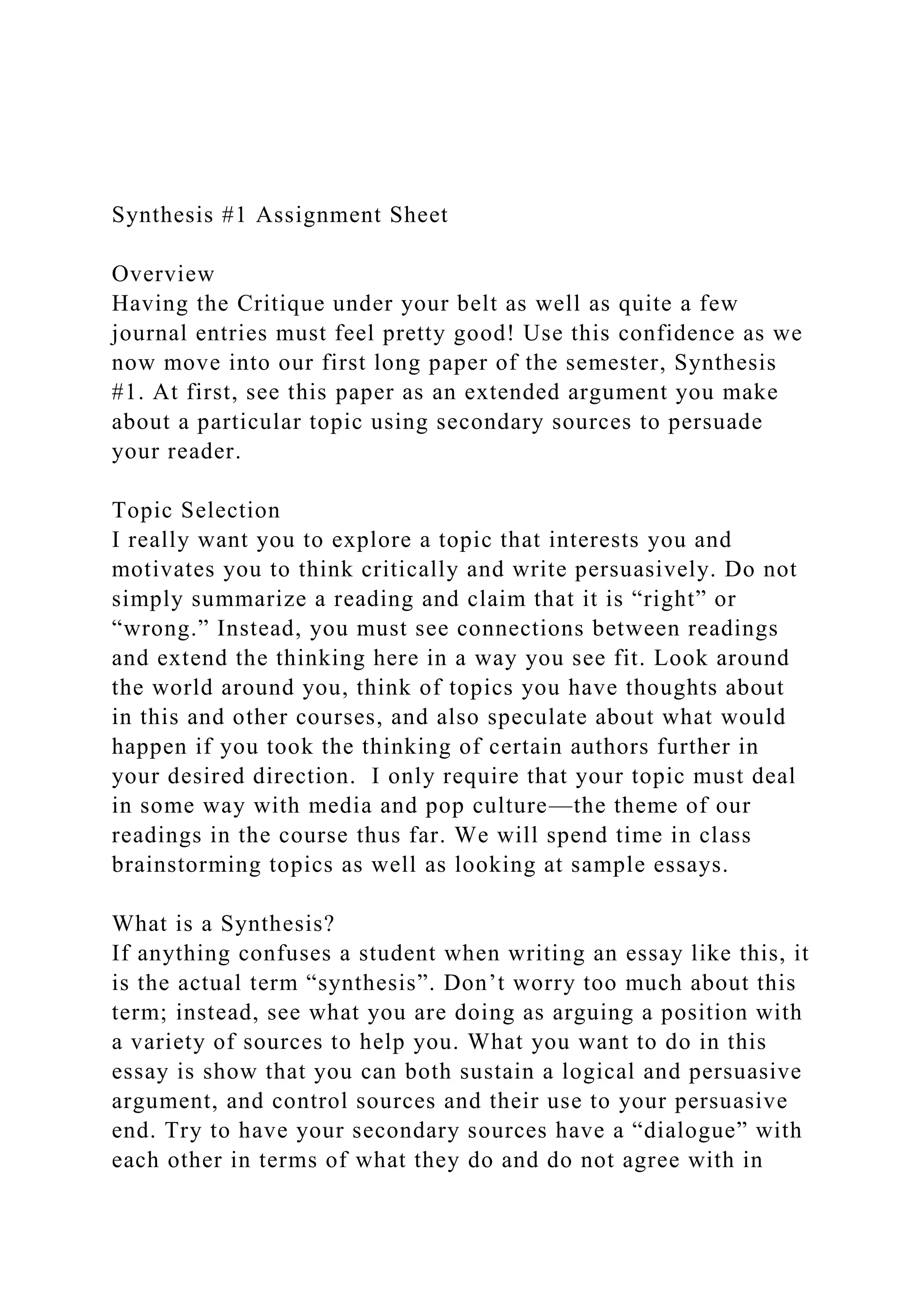 Synthesis #1 Assignment SheetOverviewHaving the Critique u.docx