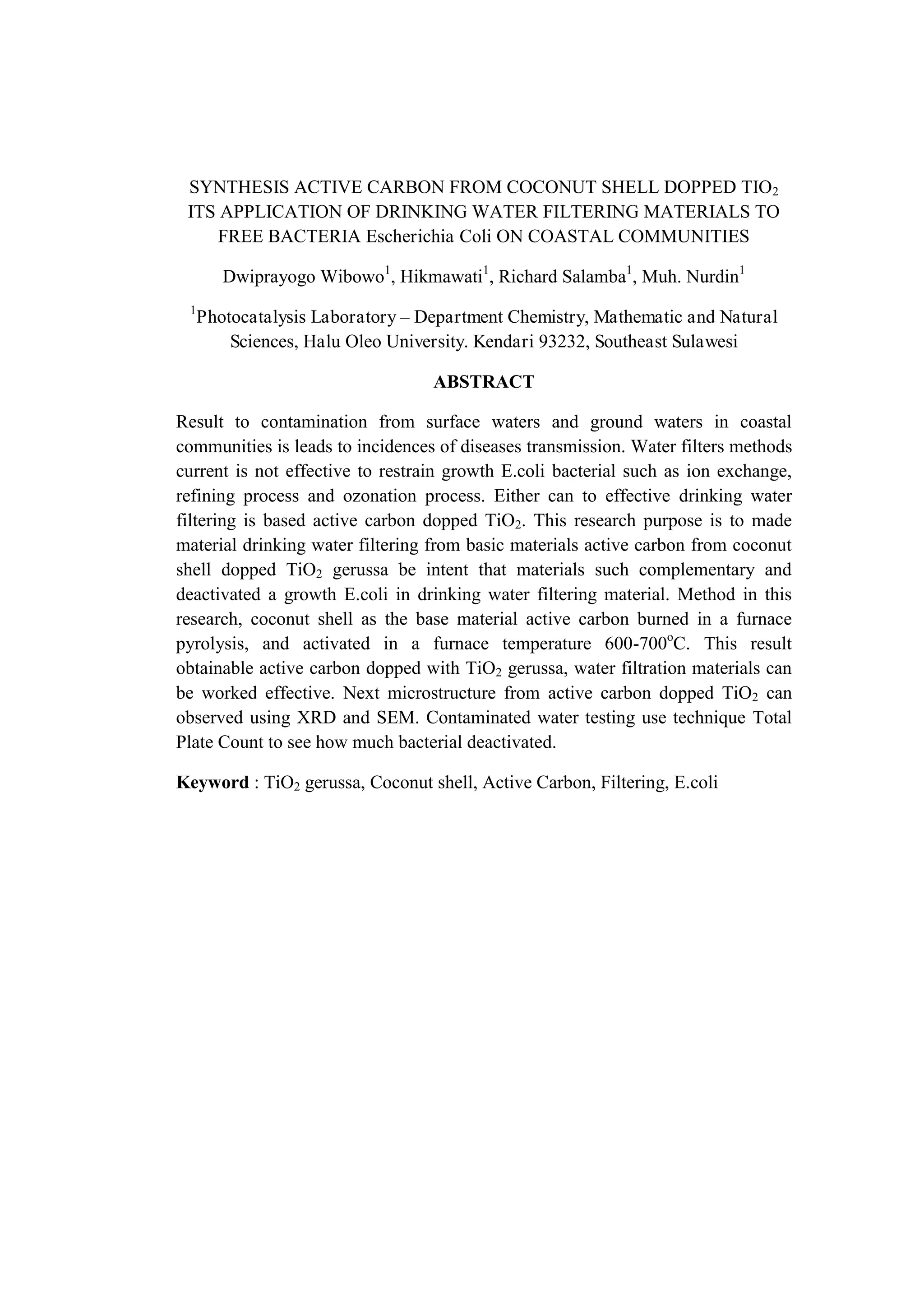SYNTHESIS ACTIVE CARBON FROM COCONUT SHELL DOPPED TiO2 ITS APPLICATION ...