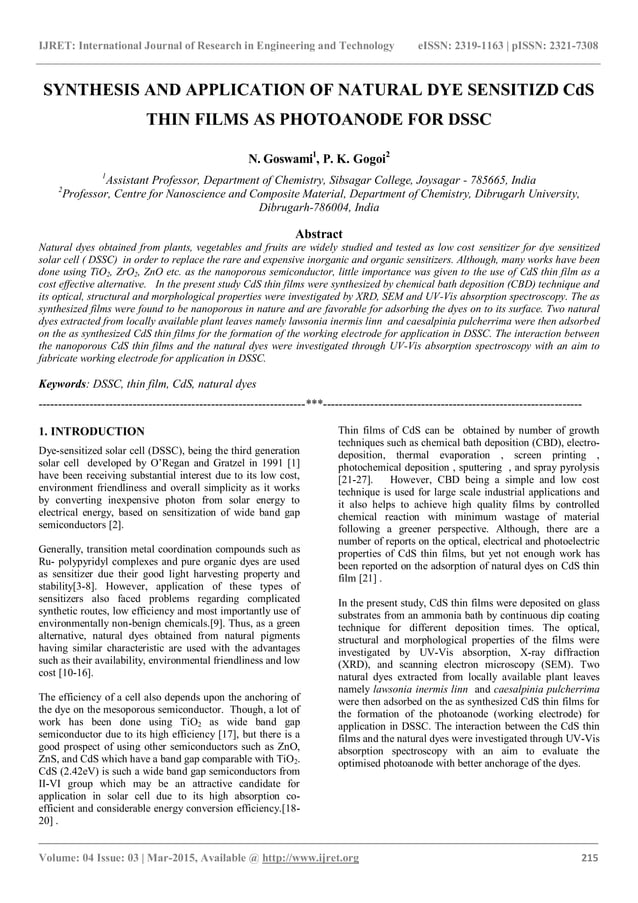 Synthesis and application of natural dye sensitizd cds thin films as ...