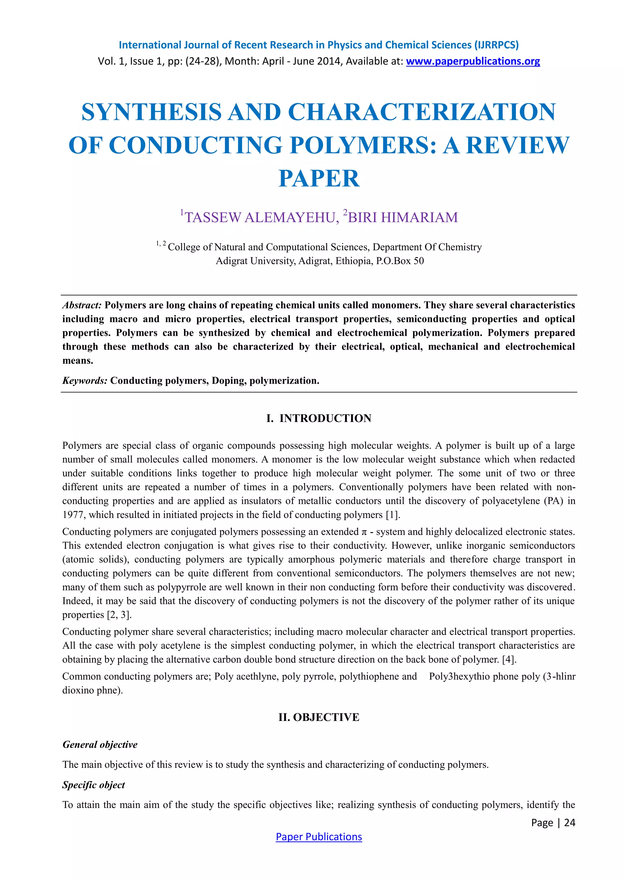 SYNTHESIS AND CHARACTERIZATION OF CONDUCTING POLYMERS: A REVIEW PAPER | PDF
