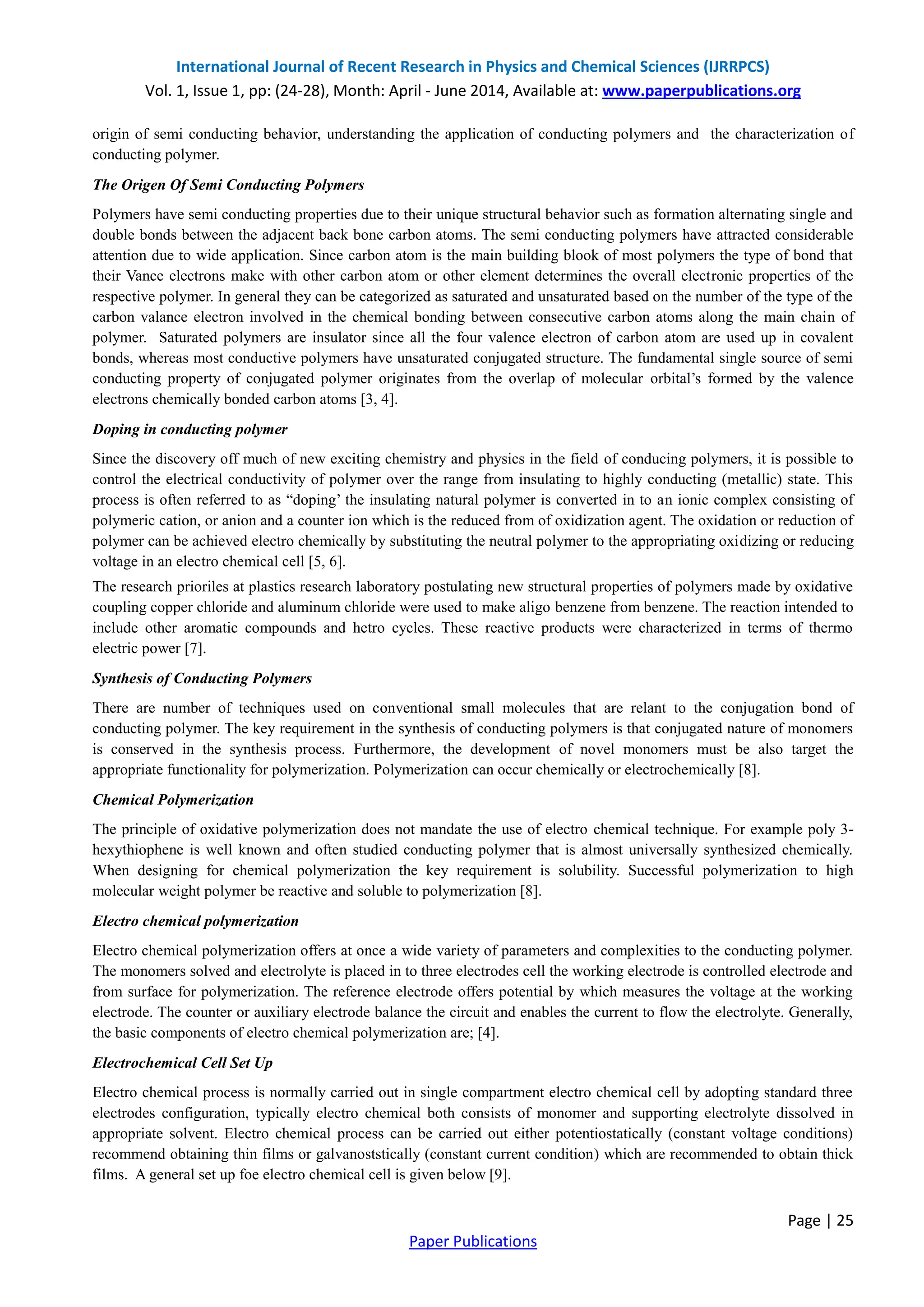 SYNTHESIS AND CHARACTERIZATION OF CONDUCTING POLYMERS: A REVIEW PAPER | PDF